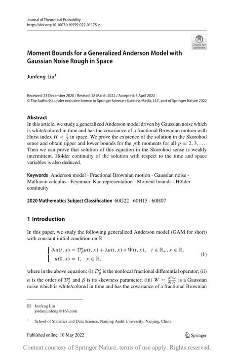 Moment Bounds For A Generalized Anderson Model With Gaussian Noise Rough In Space Request Pdf