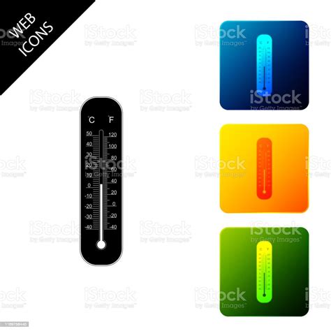 온도 및 화씨 기상 온도계는 열과 차가운 아이콘을 격리측정합니다 뜨겁거나 추운 날씨를 보여주는 온도계 장비 설정 아이콘 다채로운 사각형 버튼 벡터 일러스트레이션 건강관리와