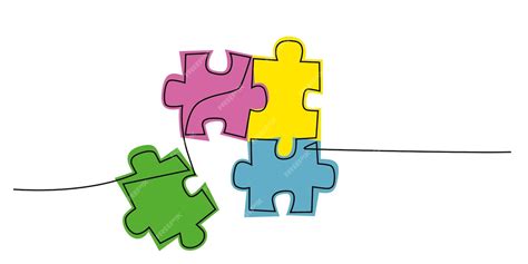 네 가지 색 ⁇ 의 퍼즐 조각의 연속적인 단일 선 그림 문제 해결 및 솔루션 비즈니스 은유 아이디어 비즈니스 사고 과정에 대한