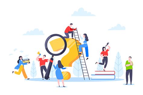 작은 사람들 캐릭터 큰 질문 및 느낌표가있는 Q 및 A 또는 Faq 개념은 자주 질문 템플릿을 묻습니다 물음표에 대한 스톡 벡터