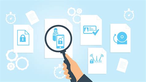 모니터 잠금 보안 파일 문서 연구 벡터 그림 검색 아이콘으로 문서작성합니다 파일 및 돋보기 분석 연구 기호입니다 벡터 일러스트레이션 개념에 대한 스톡 벡터 아트 및 기타