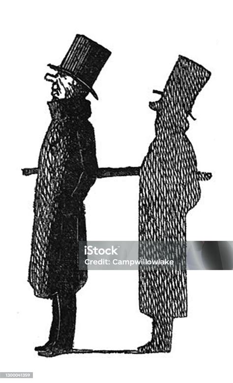 영국 풍자 만화 캐리커처 일러스트레이션 긴 코트와 그의 뒤에 그림자가 달린 모자를 쓴 남자 골동품에 대한 스톡 벡터 아트 및 기타 이미지 Istock