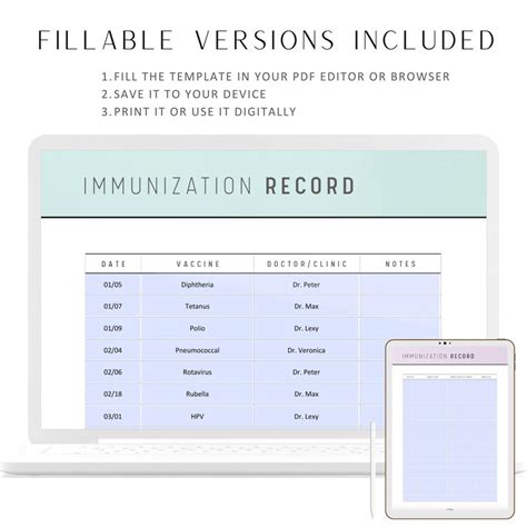Printable Immunization Record Template 6 Colors Fillable Pdf Etsy