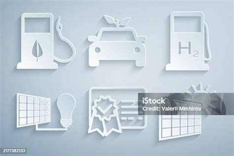 인증서 템플릿 수소 충전소 태양 에너지 패널 및 전구 태양 에코 자동차 컨셉 드라이브 및 바이오 연료 연료 노즐 아이콘을 설정합니다 벡터 0명에 대한 스톡 벡터 아트 및