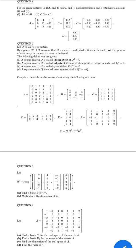 Solved Question 1 For The Given Matrices A B C And D