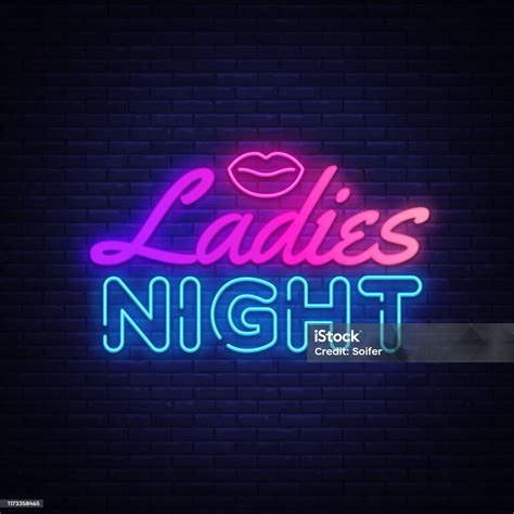 레이디스 나이트 네온 사인 벡터 야간 파티 디자인 템플릿 포스터 네온 사인 라이트 배너 야간 밝은 광고 가벼운 비문 벡터 일러스트레이션 간판에 대한 스톡 벡터 아트 및 기타