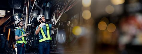 안전 여행 승객을 위한 기차 바퀴 및 제어 시스템의 밑에 안전 제복 및 헬멧을 착용하고 있는 엔지니어 철도의 팀 배너 커버 디자인 2명에 대한 스톡 사진 및 기타 이미지