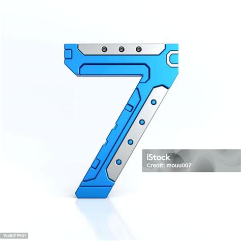 7 번 3d 공상 과학 로고 사이버 기술 추상 질감 알파벳 글꼴입니다 하이테크 금속 번호 7 타이포그래피 캐릭터 디자인 일러스트 블루 실버 메탈 텍스트 3d 렌더링 3차원