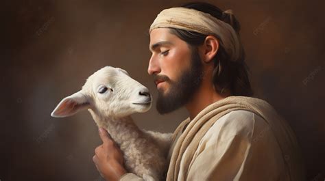 남자는 작은 어린양을 안고 있고 예수는 그것을 안고 있다 양고기 그림을 들고 있는 예수 양고기 믿음 배경 일러스트 및 사진