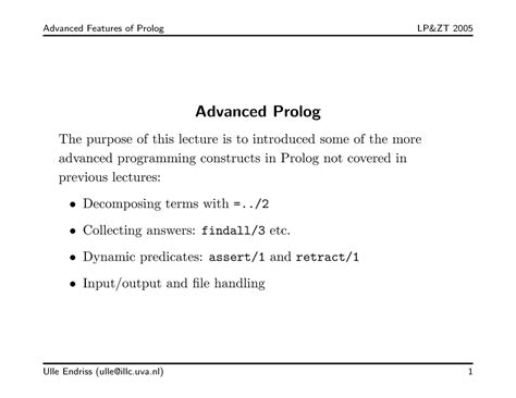 Advanced Prolog Advanced Prolog The Purpose Of This Lecture Is To
