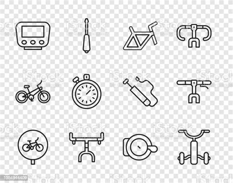 세트 라인 자전거 아이들을위한 프레임 핸들 바 속도계 스톱 워치 종과 아이콘 벡터 검은색에 대한 스톡 벡터 아트 및 기타 이미지 Istock