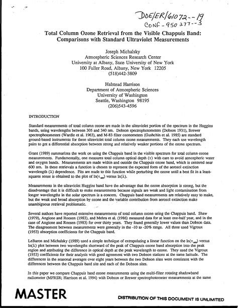 Total Column Ozone Retrieval From The Visible Chappuis Band Comparisons With Standard