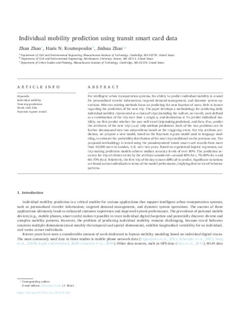 Pdf Individual Mobility Prediction Using Transit Smart Card Data