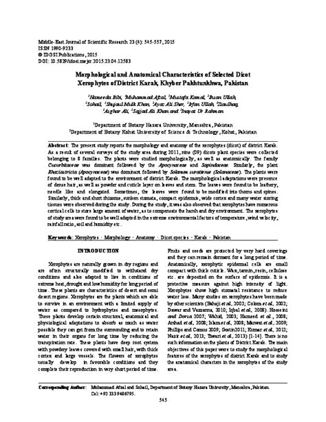 Pdf Morphological And Anatomical Characteristics Of Selected Dicot Xerophytes Of District
