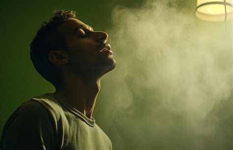 Premium Ai Image Man Sniffing His Breath While Standing Indoors In