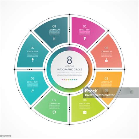 Infographic 얇은 라인 플랫 스타일에 동그라미입니다 8 옵션 부품 단계 비즈니스 프레 젠 테이 션 템플릿 주기형 다이어그램 그래프 원형 차트에 사용할 수 있습니다