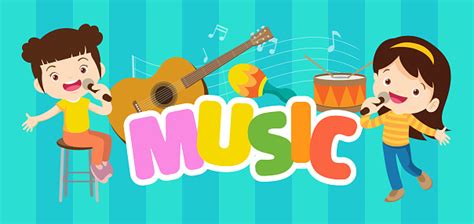 어린이 그룹의 음악 개념을 재생합니다 만화 춤추는 아이들과 악기를 가진 아이들귀여운 어린이 음악가 음악을 연주하는 다양한 액션 만화에 대한 스톡 벡터 아트 및 기타 이미지