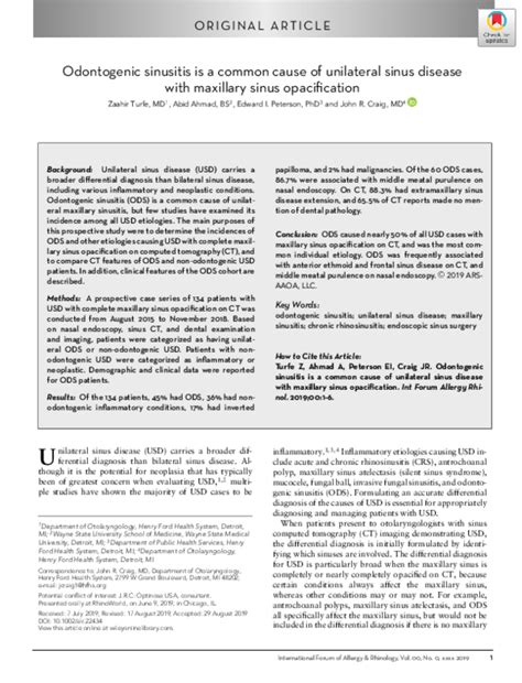 Pdf Odontogenic Sinusitis Is A Common Cause Of Unilateral Sinus Disease With Maxillary Sinus