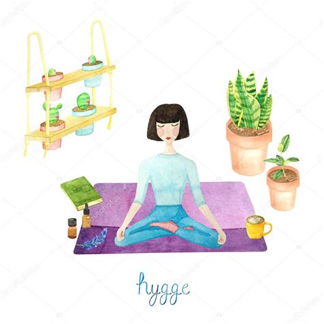 Ilustraci N Acuarela De Yoga En Casa Chica En Posici N De Loto En Casa En Un Ambiente Acogedor