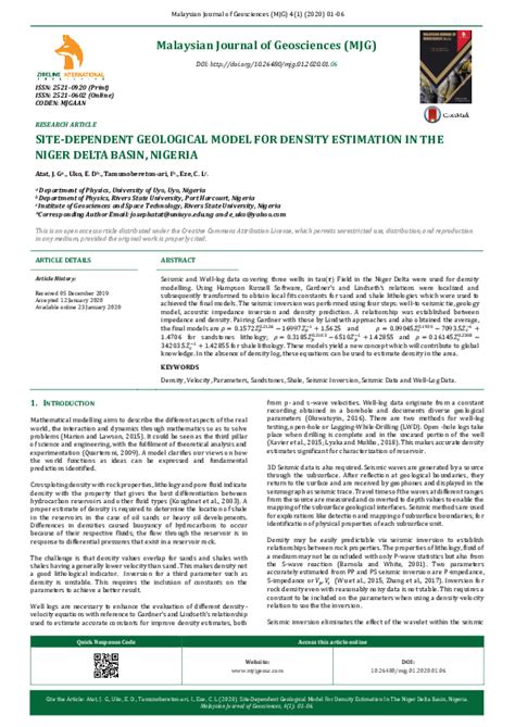 Pdf Site Dependent Geological Model For Density Estimation In The Niger Delta Basin Nigeria