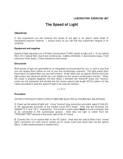 Lab Ex 27 The Speed Of Light With Data Sheet LABORATORY EXERCISE The Speed Of Light Objectives