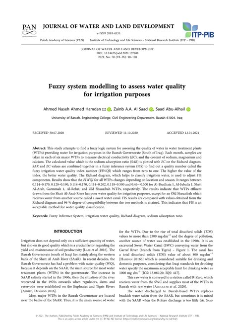 Pdf Fuzzy System Modelling To Assess Water Quality For Irrigation Purposes