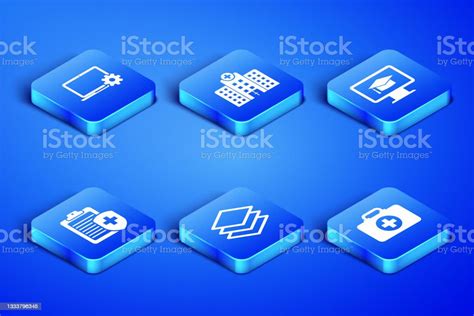 응급 처치 키트 노트북 및 기어 레이어 의료 보험이있는 클립 보드 의료 병원 건물 및 모니터 졸업 모자 아이콘을 설정합니다 벡터 3차원 형태에 대한 스톡 벡터 아트 및 기타