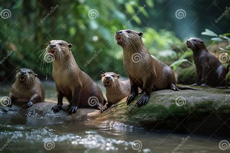 Una Familia De Nutrias Jugando En Un Río Nutria De Río Gigante En El