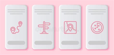 Set Line Route Location Road Traffic Sign Folded Map With Marker And Radar Targets Monitor