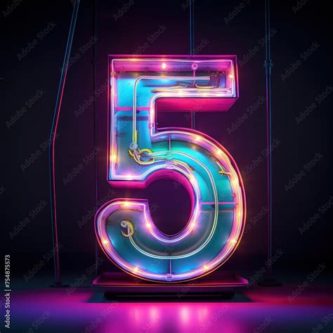 Number Five Futuristic Neon Font Digital Glowing Symbol Logo On Dark Grunge Background