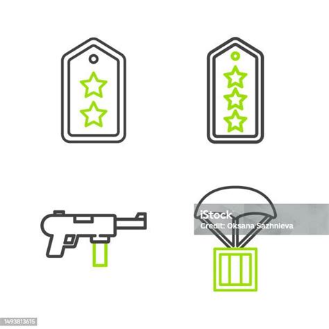 라인 에어드랍 상자 기관단총 M3 군사 계급 및 아이콘을 설정합니다 벡터 갈매기표 수장에 대한 스톡 벡터 아트 및 기타 이미지 갈매기표 수장 군복 군사 Istock