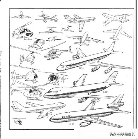 钢笔黑白线稿船、飞机