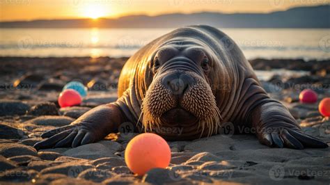 A Walrus Rests On The Beach Surrounded By Colorful Balls At Sunset