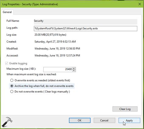 How To Archive The Log When Maximum Event Log Size Reached In Event Viewer