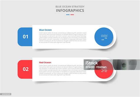 블루 대 레드 오션 비즈니스 전략 비교 드롭 섀도우 스타일이있는 인포 그래픽 둥근 사각형 두 개의 포인트 목록 정보가있는 서클 배지 0명에 대한 스톡 벡터 아트 및 기타