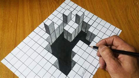 رسم ثقب ثلاثي الأبعاد في مكعبات على ورق فن رسم الخدع البصرية ثلاثية