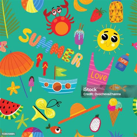 손으로 그린 요소와 다채로운 원활한 여름 패턴선글라스 팜 수 박 가방 우산 아이스크림 등 패션 인쇄 디자인 벡터 일러스트 레이 션 0명에 대한 스톡 벡터 아트 및 기타