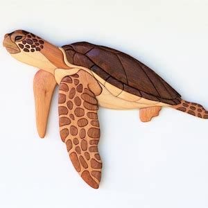 Loggerhead Sea Turtle Intarsia Pattern Scroll Saw Wall Hanging Wooden Home Décor DIY