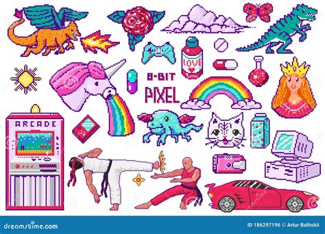 Pixel Art 8 Bit Objects Retro Digital Game Assets Set Of Pink Fashion