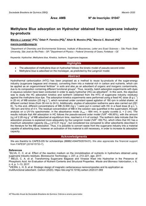 Pdf Methylene Blue Adsorption On Hydrochar Obtained From Sugarcane Industry By Products