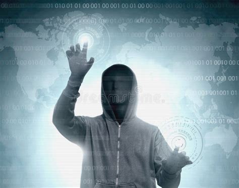 Hacker In Black Hoodie Touching Virtual Screen With Binary Code Stock Image Image Of Laptop