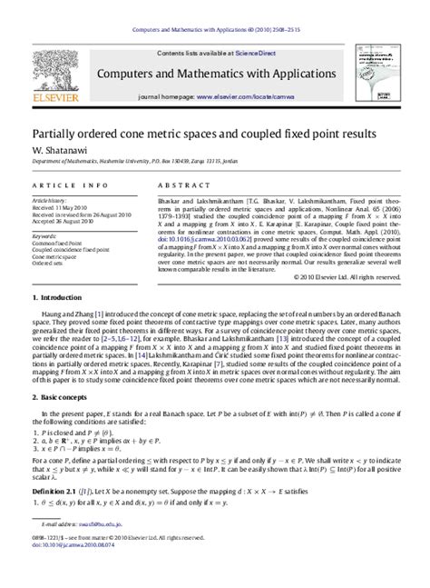 Pdf Partially Ordered Cone Metric Spaces And Coupled Fixed Point Results