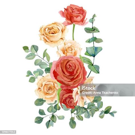 수채화 꽃다발 빨간색과 복숭아 꽃 장미와 모란 유칼립투스 잎 결혼식 초대장 신부 샤워 베이비 샤워를위한 가을 꽃 디자인 식물학자에 대한 스톡 벡터 아트 및 기타 이미지