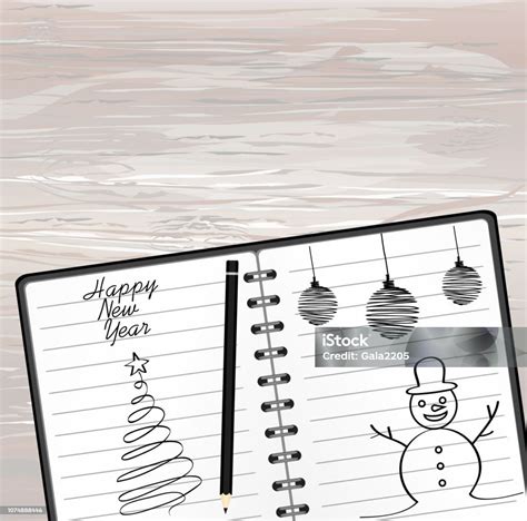 크리스마스 눈사람 및 공 연필 노트북 템플릿 나무 배경 벡터입니다 휴가 인사말 카드 현실적인 메모장입니다 문구 용품 사무실입니다 노트에 대 한 0명에 대한 스톡 벡터 아트