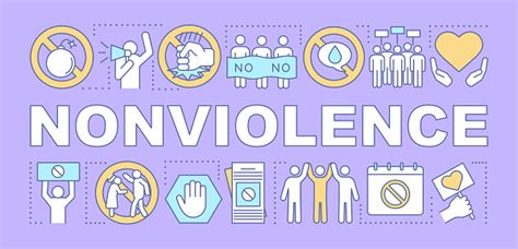 비폭력 단어 개념 배너입니다 평화주의 프리젠 테이션 웹 사이트 선형 아이콘과 격리 된 문자 타이포그래피 아이디어 반전 시위 평화로운 공개 데모 벡터 개요 그림