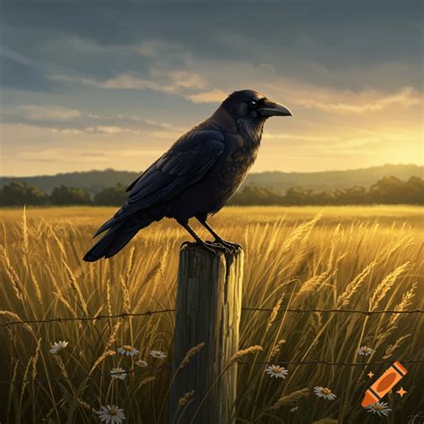 A Black Crow Perched On A Wooden Fence Post In A Golden Wheat Field At