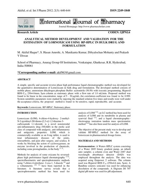 Pdf Analytical Method Development And Validation For The Estimation Of Lornoxicam Using Rp