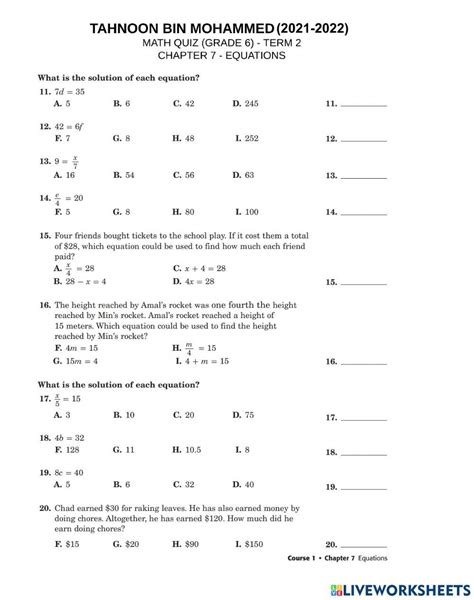 Math Worksheet Chapter 7 Equations Worksheet Live Worksheets Worksheets Library