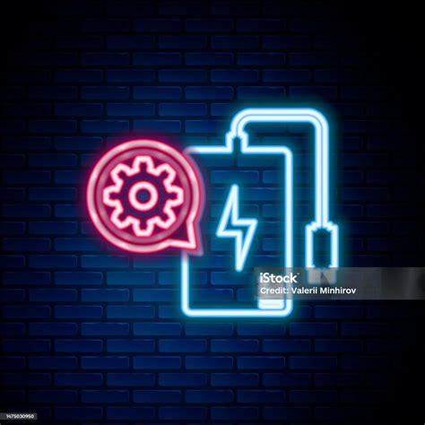 빛나는 네온 라인 충전 케이블과 벽돌 벽 배경에 격리된 기어 아이콘이 있는 전원 은행 앱 서비스 개념 옵션 설정 유지 보수 수리 조정 다채로운 개요 개념입니다 벡터 Usb