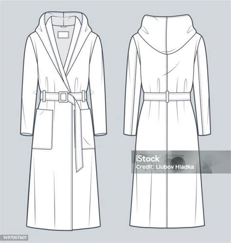 로브 코트 테크니컬 패션 일러스트레이션 후드 롱 코트 겉옷 패션 플랫 기술 도면 템플릿 긴 소매 주머니 앞면과 뒷면보기 흰색 여성 남성 남녀 공용 Cad 모형 0명에 대한